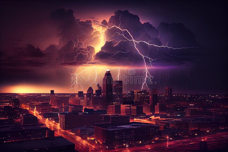Thunderstorm Rolling Over Cityscape, with Lightning Striking Every Few ...