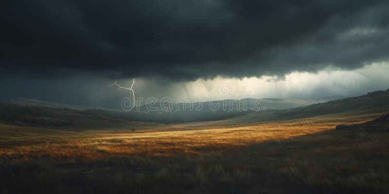 Thunderstorm Rolling Over an Open Plain with Dramatic Lightning Stock ...