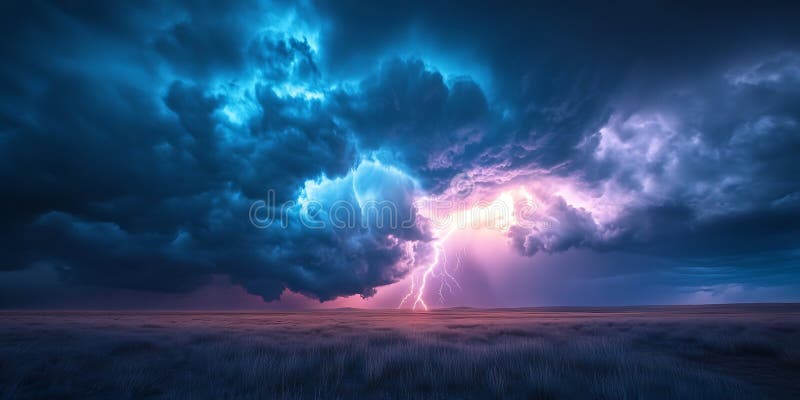 Thunderstorm Rolling Over an Open Plain with Dramatic Lightning Stock ...