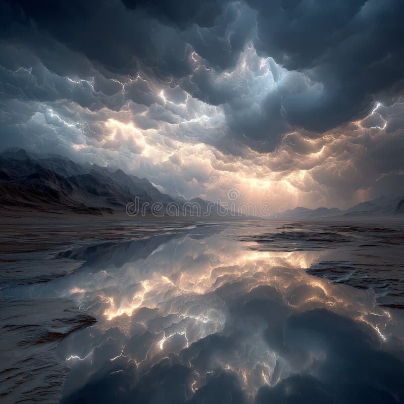 Thunderstorm Sky Reflecting in Calm Desert Lake at Dusk Stock Photo ...