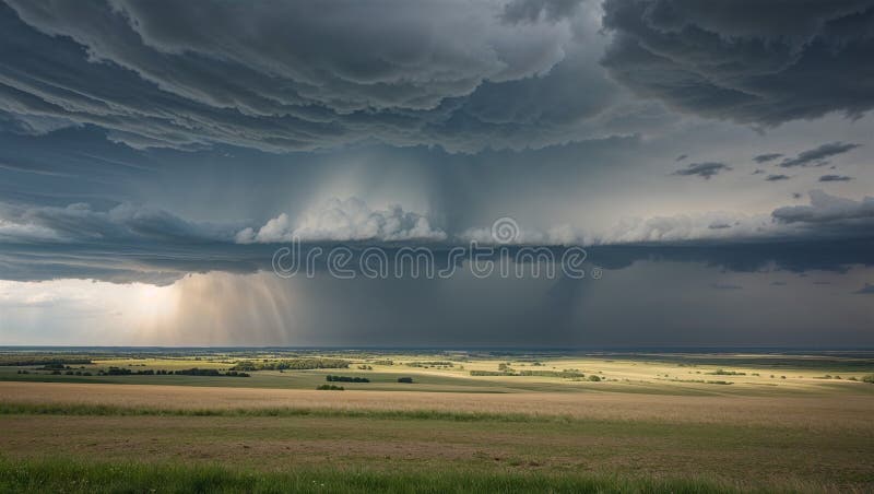 Thunderstorm Sweeping Across Distant Prairie Beneath Brooding Stock ...