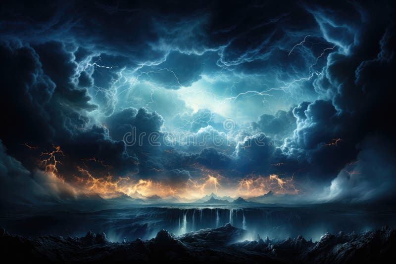 Thunderstorms and Lightning in the Night Sky Stock Illustration ...