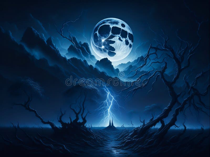 Thunderstruck Night Sky Dramatic Full Moon in the Midst of a Lightning ...