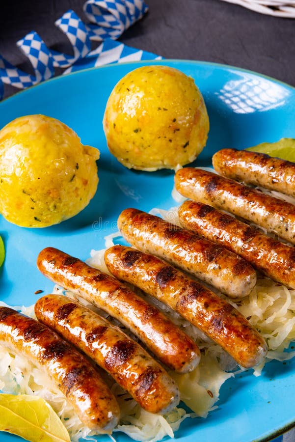 Thuringian Bratwurst with Sauerkraut and Dumplings Stock Image - Image ...