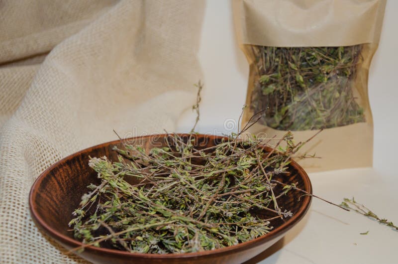 Thyme, Thyme, Dry Herb in a Plate and Packaging for Tea, Drink Stock ...