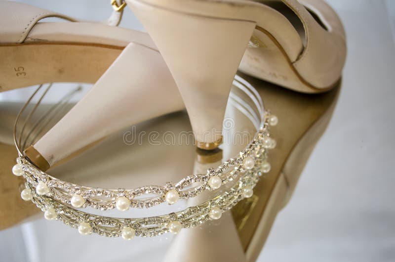High Heel Shoes and Pearls and Tiarra Stock Photo - Image of black ...