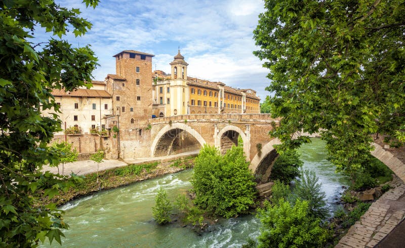 Tiber Island and Fabricius Bridge on the River Tiber in Rome, Italy ...