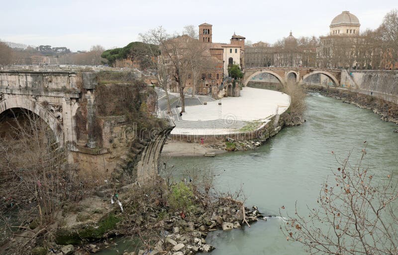 Tiber Island in Rome and the Old Broken Bridge Stock Photo - Image of ...