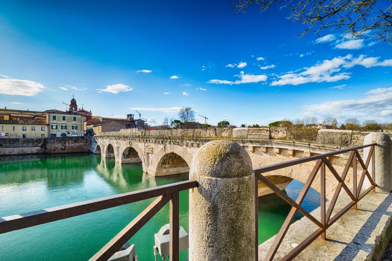 Tiberius Bridge in Rimini stock image. Image of fence - 68088639