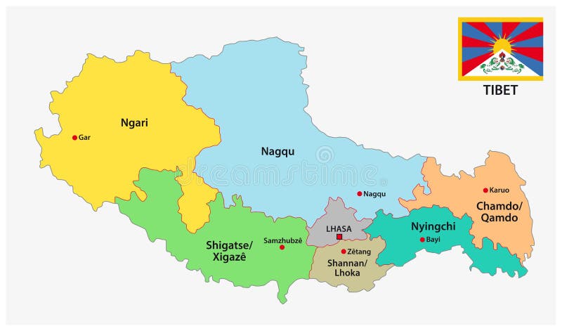 Tibet Region with Important Cities and Roads Vector Map and Flag Stock ...