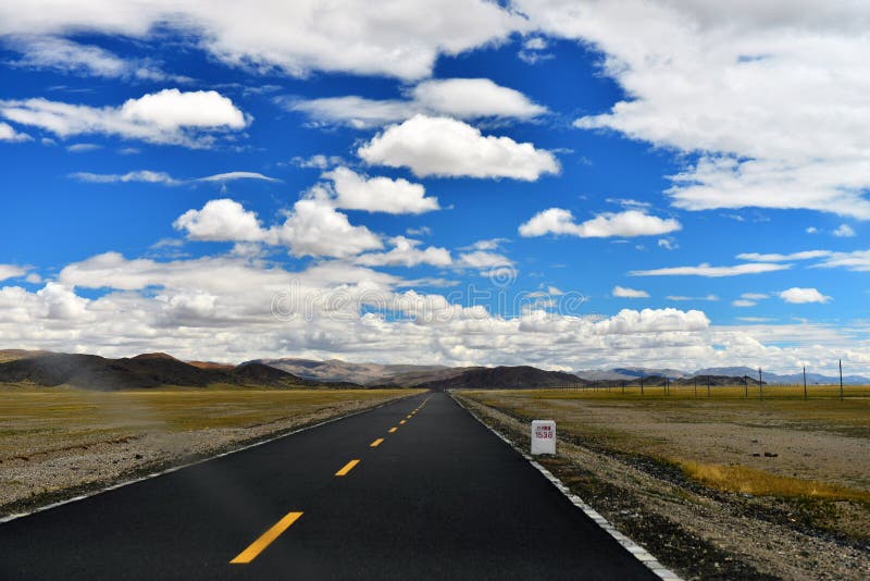 Tibet Long Way Ahead with High Mountain in Front Stock Photo - Image of ...