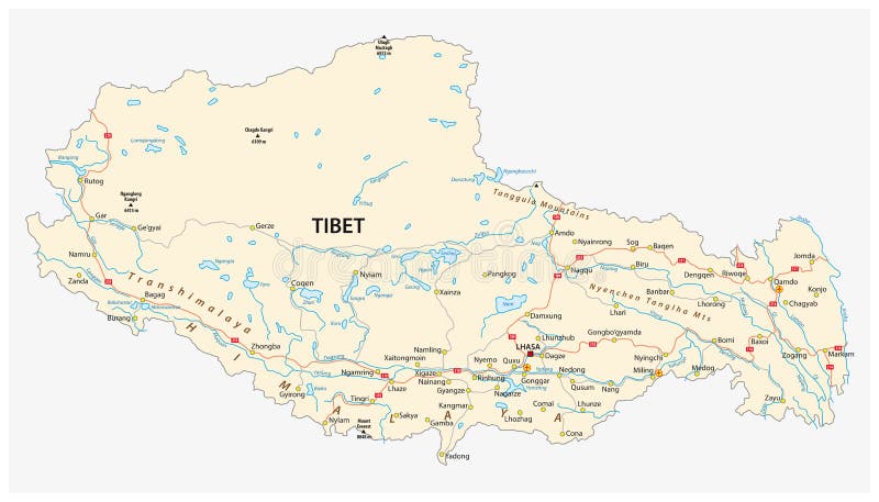 Tibet Region with Important Cities and Roads Vector Map. Stock Vector ...