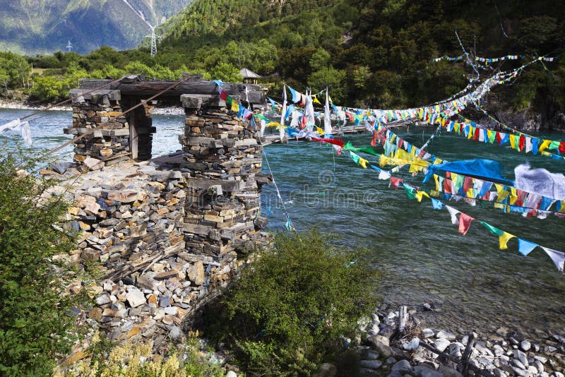 Tibet: Rope Bridge with Prayer Flags Stock Image - Image of nature ...