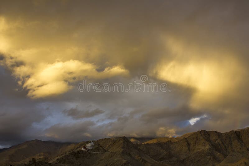 Tibetan Buddhist Temple on the Mountain Under the Evening Sky with ...