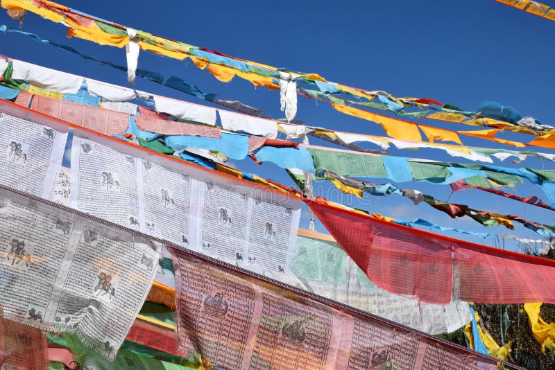 Tibetan Prayer Flags Flutter in the Wind. Stock Photo - Image of merit ...