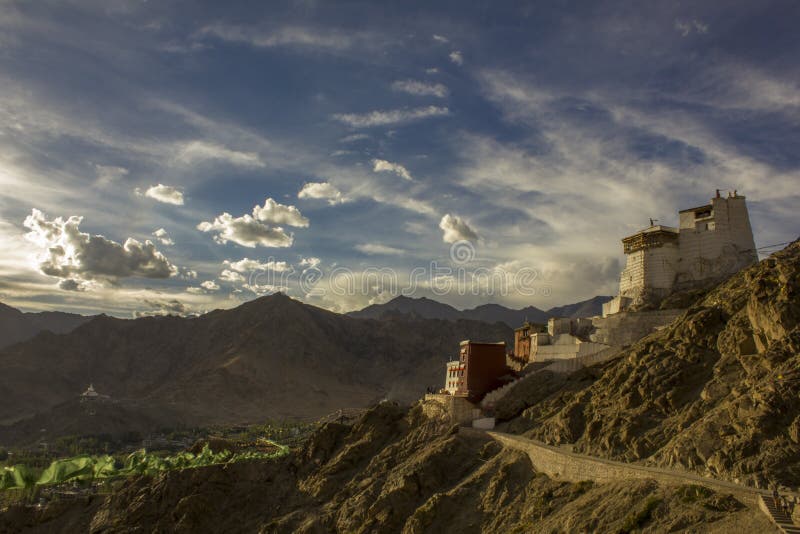 A Tibetan Temple on the Mountain in the Rays of the Setting Sun Stock ...