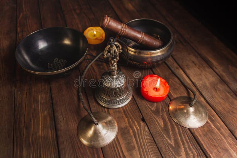 Tibetian Instruments for Music Meditation Stock Photo - Image of green ...