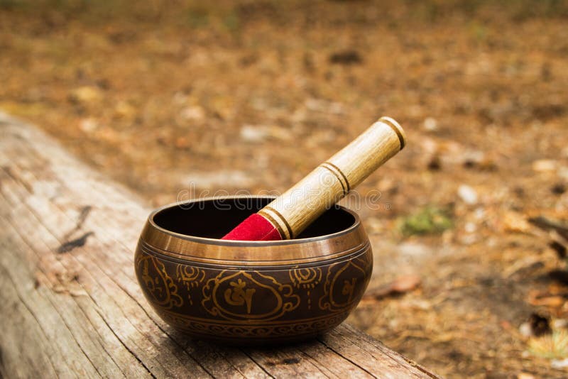 Tibetian Singing Bowl with Wooden Stick on the Tree. Stock Image ...