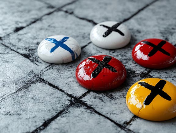A Tic Tac Toe Game with Four Different Colored Buttons on a Tiled Floor ...