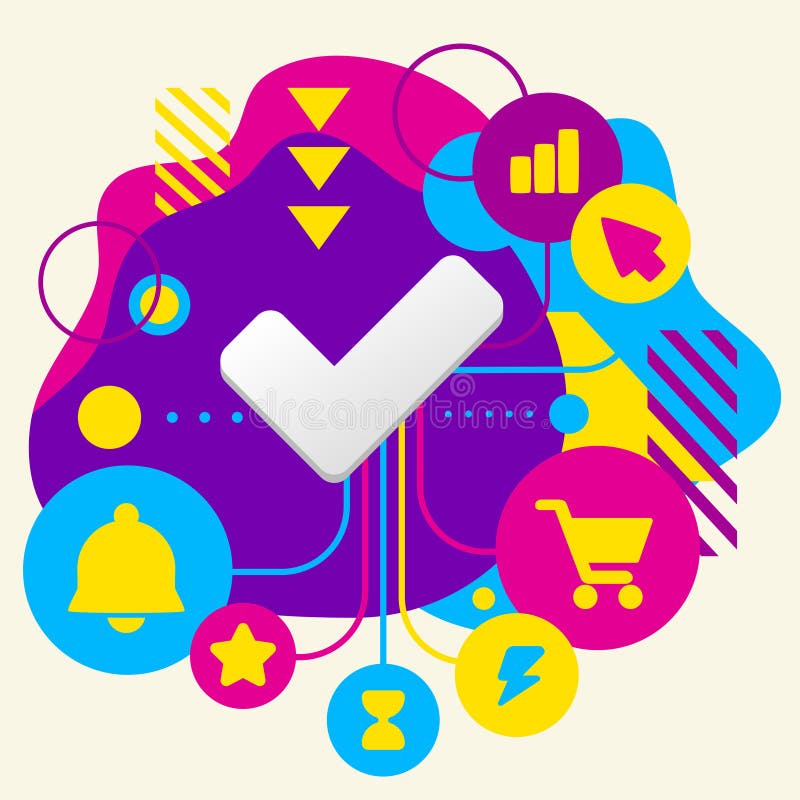 Tick on Abstract Colorful Spotted Background with Different Icon Stock ...