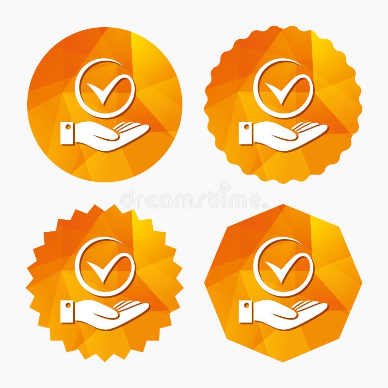 Tick and Hand Sign. Palm Holds Check Mark Symbol. Stock Vector ...