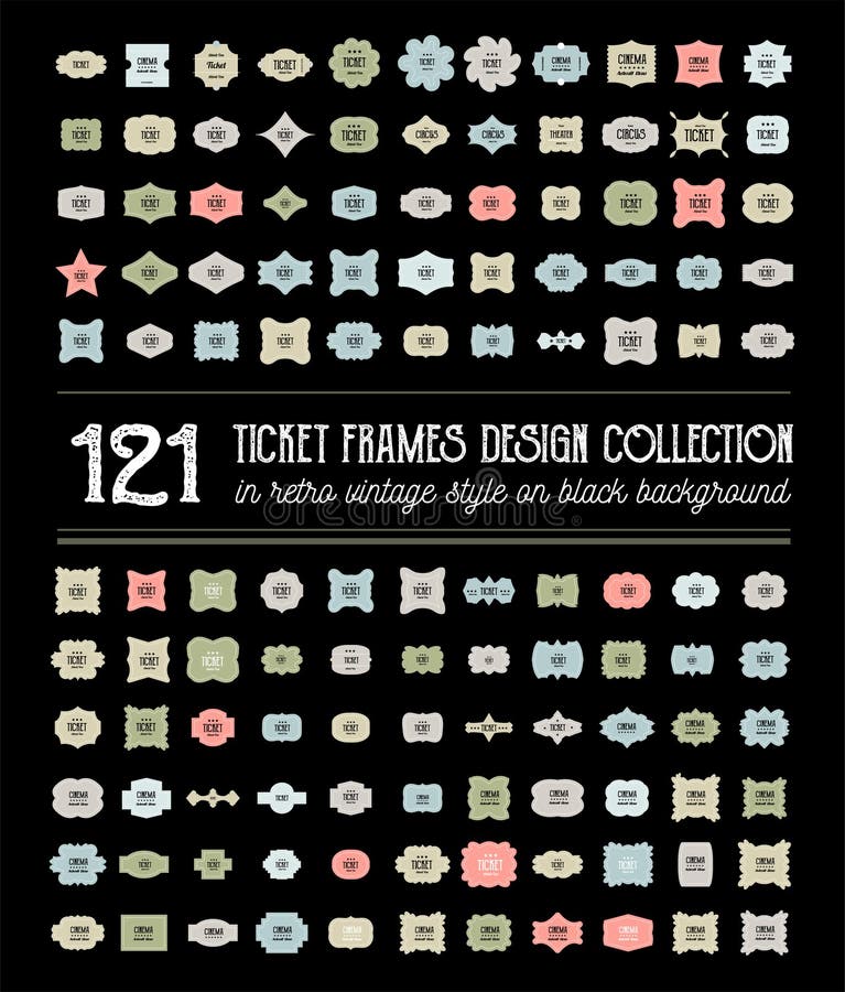121 Ticket Frames Design Collection in Retro Style on Black Background ...