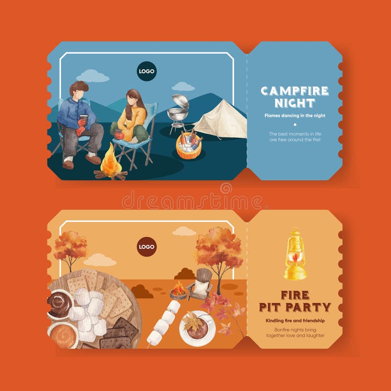 Ticket Template with Bonfire Party Concept,watercolor Style Stock ...