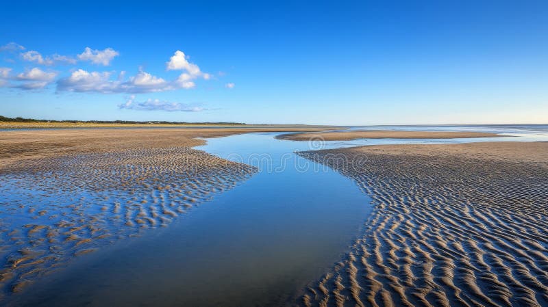 Tidal Creek on Sandy Beach with Ripples and Blue Sky Stock Illustration ...