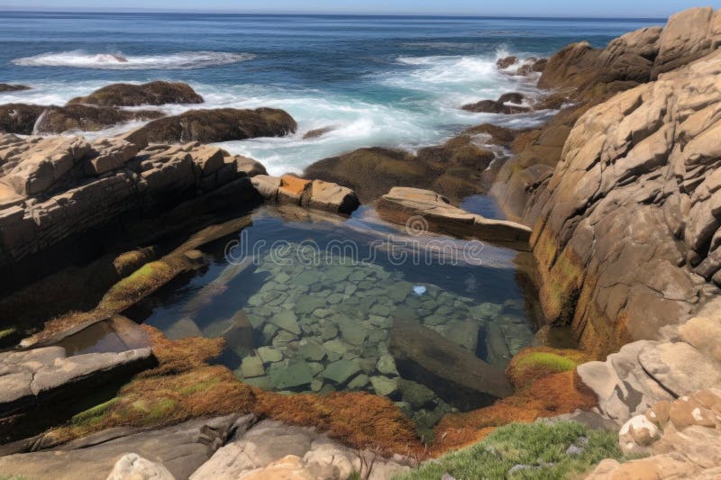 Tidal Pool Surrounded by Cliffside Rocks, with View of the Open Ocean ...