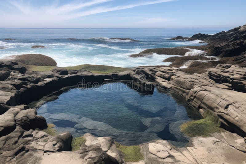 Tidal Pool Surrounded by Cliffside Rocks, with View of the Open Ocean ...