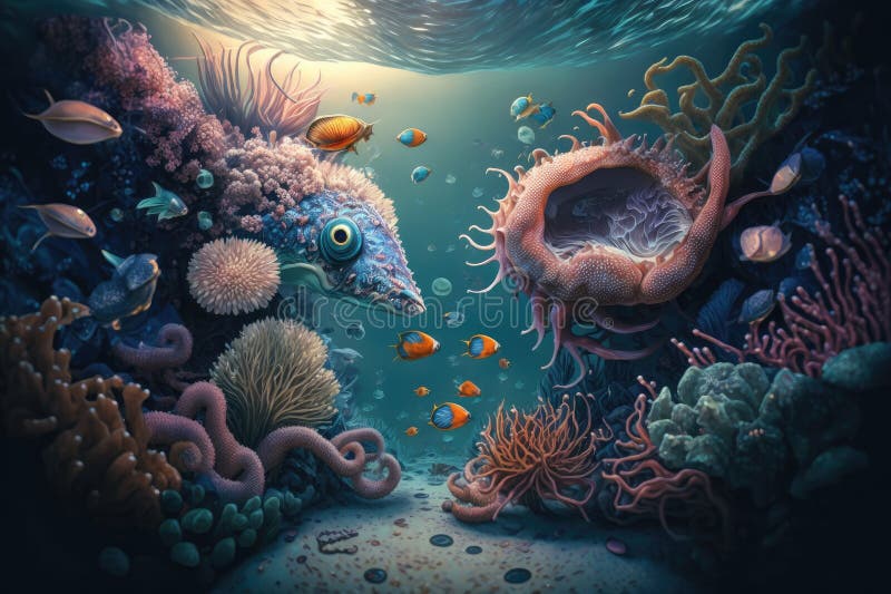 Tidal Pool Teeming with Sea Creatures, Including Colorful Fish and ...