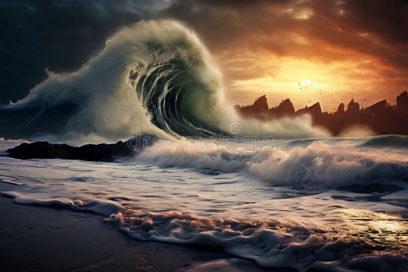 Tidal Terror a Beach with a Terrifying Tidal Wave Looming in the Stock ...