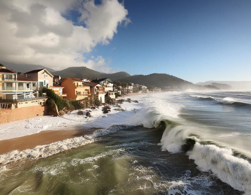 Tidal Wave Approaches Beach Town - Natural Disaster Landscape Stock ...