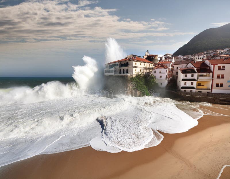 Tidal Wave Approaches Beach Town - Natural Disaster Landscape Stock ...