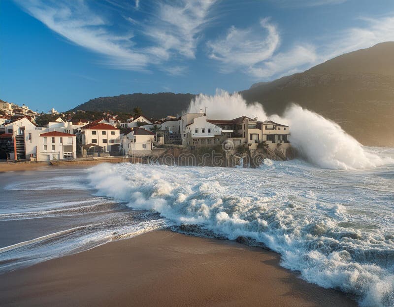 Tidal Wave Approaches Beach Town - Natural Disaster Landscape Stock ...