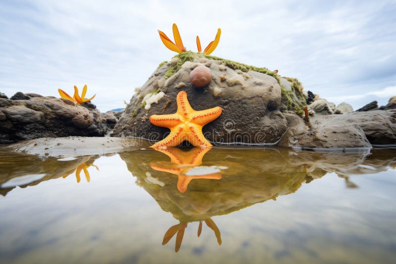 Tide Pool Reflection with Starfish on Sandy Bottom Stock Illustration - Illustration of scenery ...