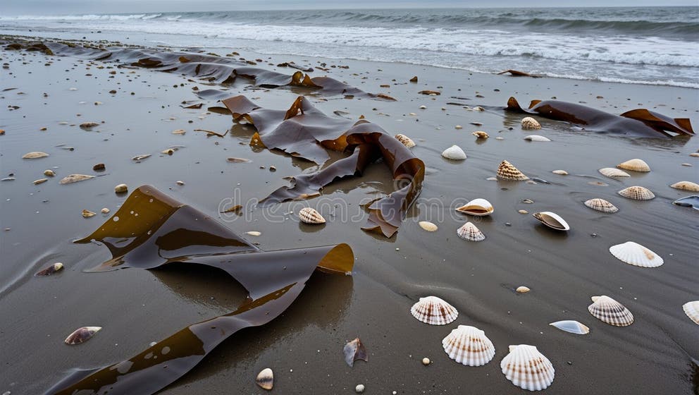 Tide Pulls Away Revealing Kelp and Shells Scattered on Rain-wet Sand Stock Illustration ...