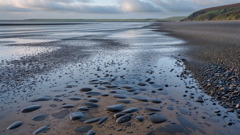 Tide Retreating from Narrow Bay Leaving Wet Patterns Across Smooth ...