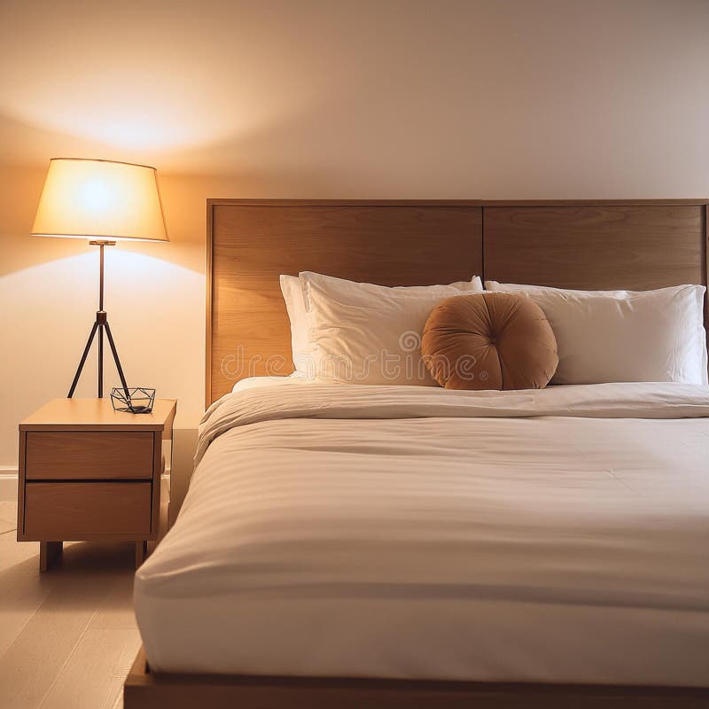 A Tidy Bedroom with a Neatly Made Bed, Bedside Table, and a Lamp. White ...