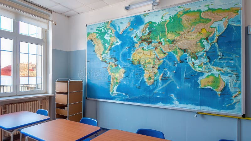 A Tidy Classroom with a Large Map of the World Hanging on the Wall ...