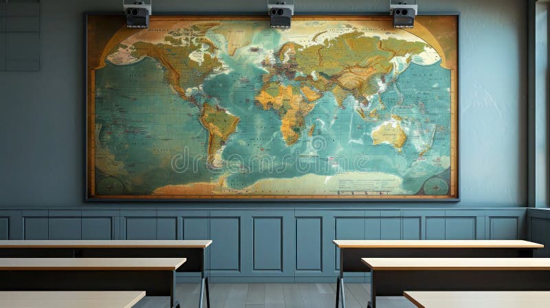 A Tidy Classroom with a Large Map of the World Hanging on the Wall ...
