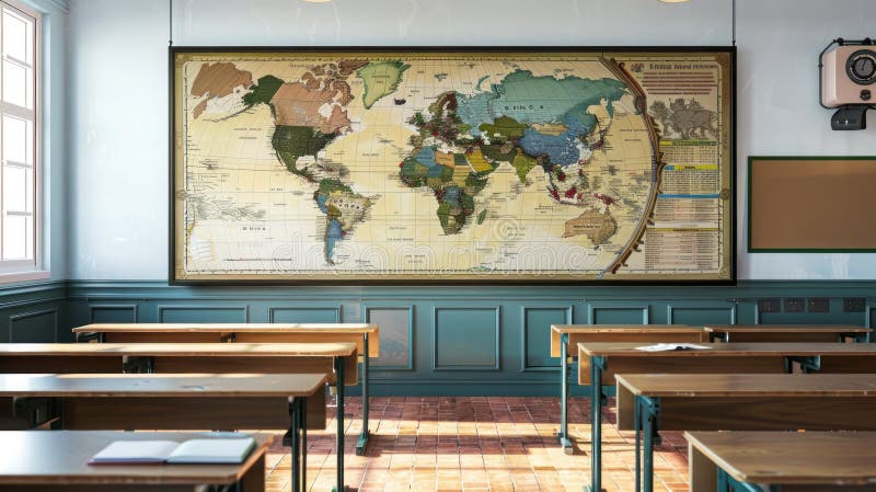 A Tidy Classroom with a Large Map of the World Hanging on the Wall ...