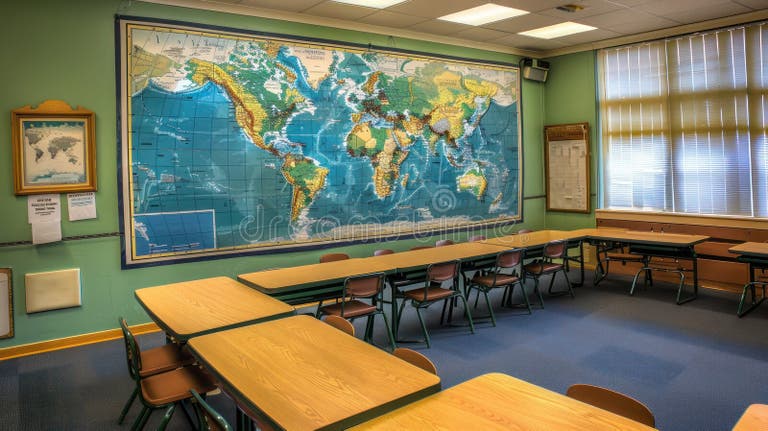 A Tidy Classroom with a Large Map of the World Hanging on the Wall ...