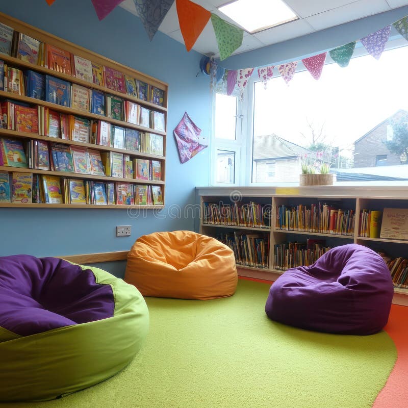 A Tidy Classroom Library Corner with Bean Bags and Shelves of Books ...