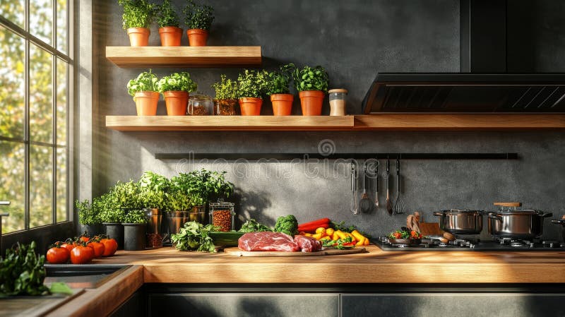 Tidy and Clean Kitchen Counter with Ingredients in Place Stock Image ...