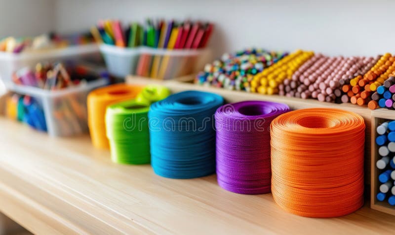 A Tidy Crafting Table Features Rows of Vibrant String Spools, Pencils ...