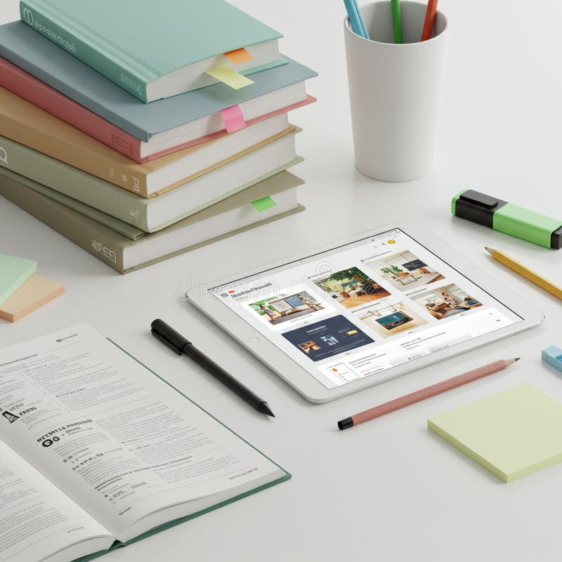 A Tidy Desk Setup Featuring an Open Book, a Stack of Colorful Hardcover ...