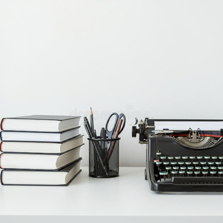 A Tidy Desk Setup Featuring a Stack of Five Hardcover Books with Black ...