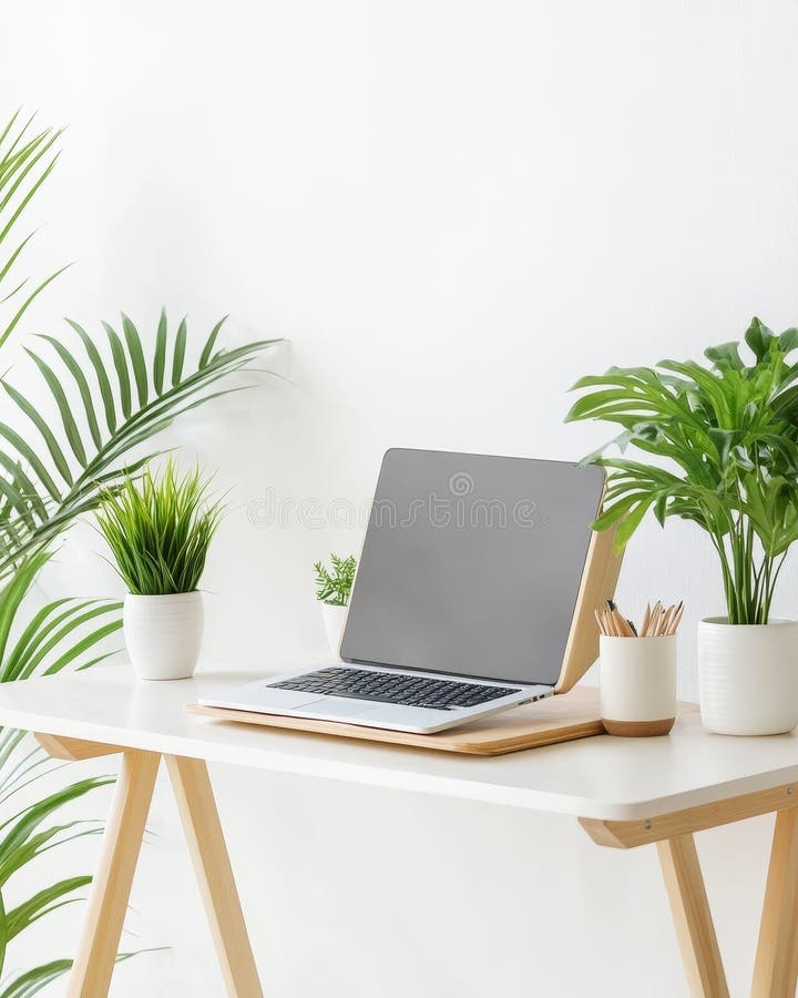 A Tidy Desk Setup with a Laptop and Potted Plants, Showcasing ...