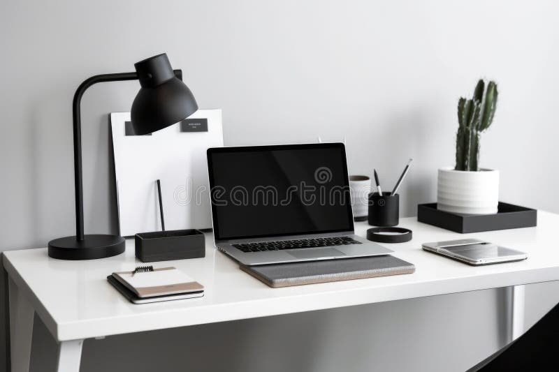 A Tidy Desk with a Sleek Laptop and Minimalistic Accessories Stock ...